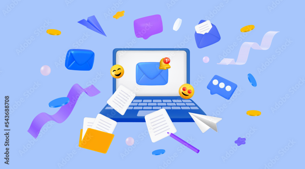 3d laptop, 3d render element, network communication. Online business ...