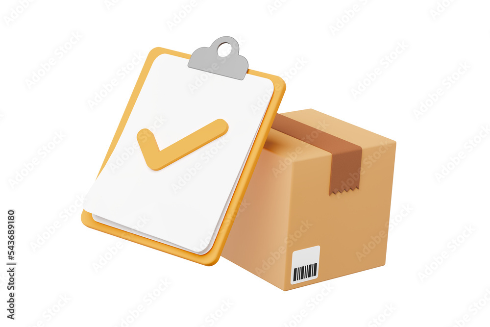 3D Clipboard and Cardboard box with tick. Shipment checklist. Confirmed ...
