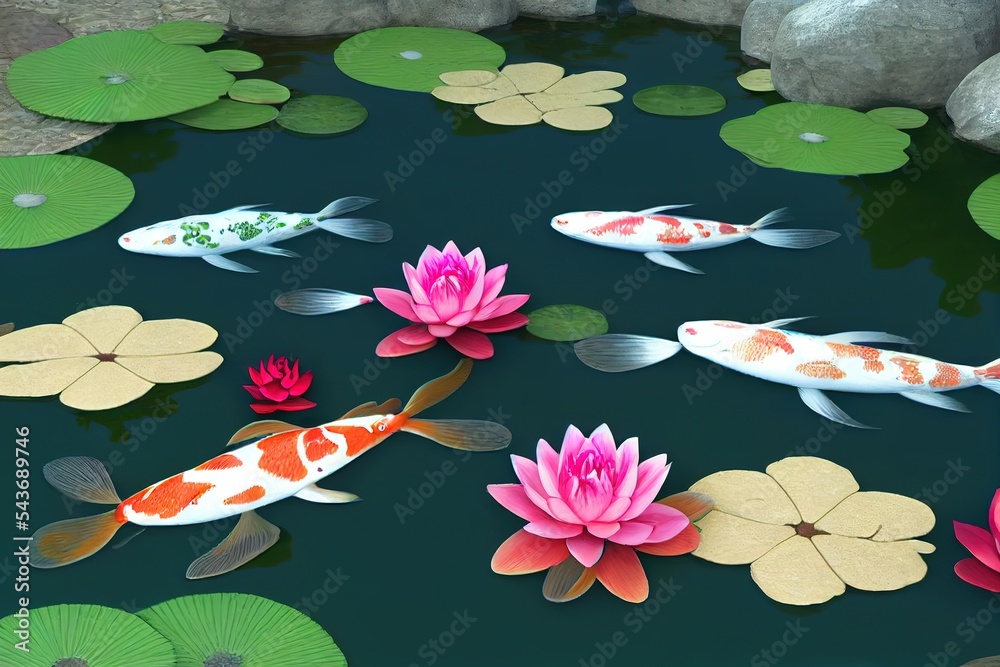 Koi or fancy koi swim in a circle. The floor of the pond has dark ...
