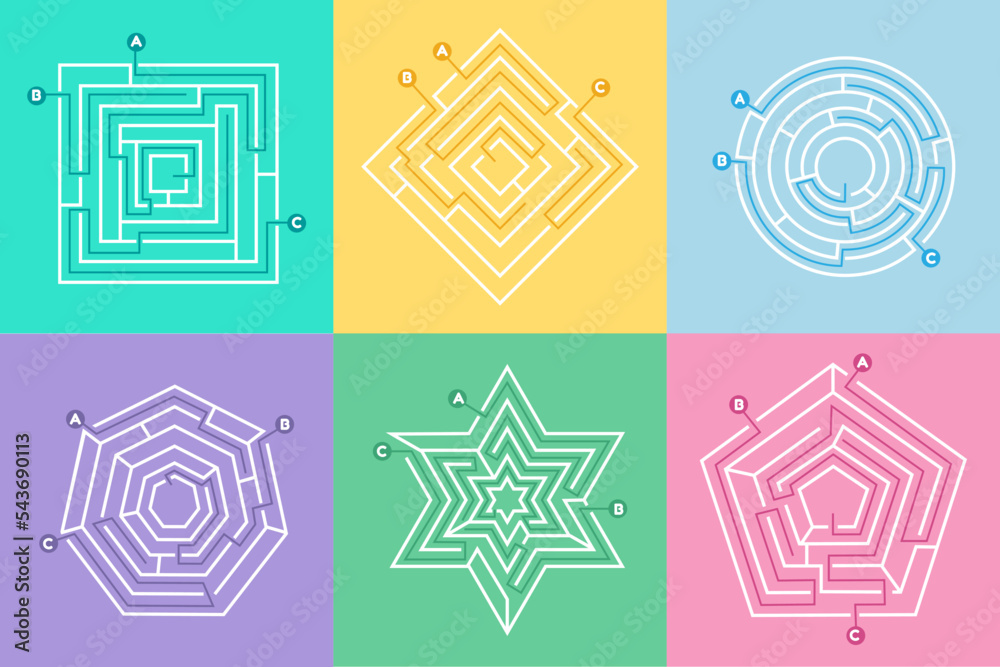 Maze game. Circle labyrinth. Square and polygonal shapes. Digital go ...