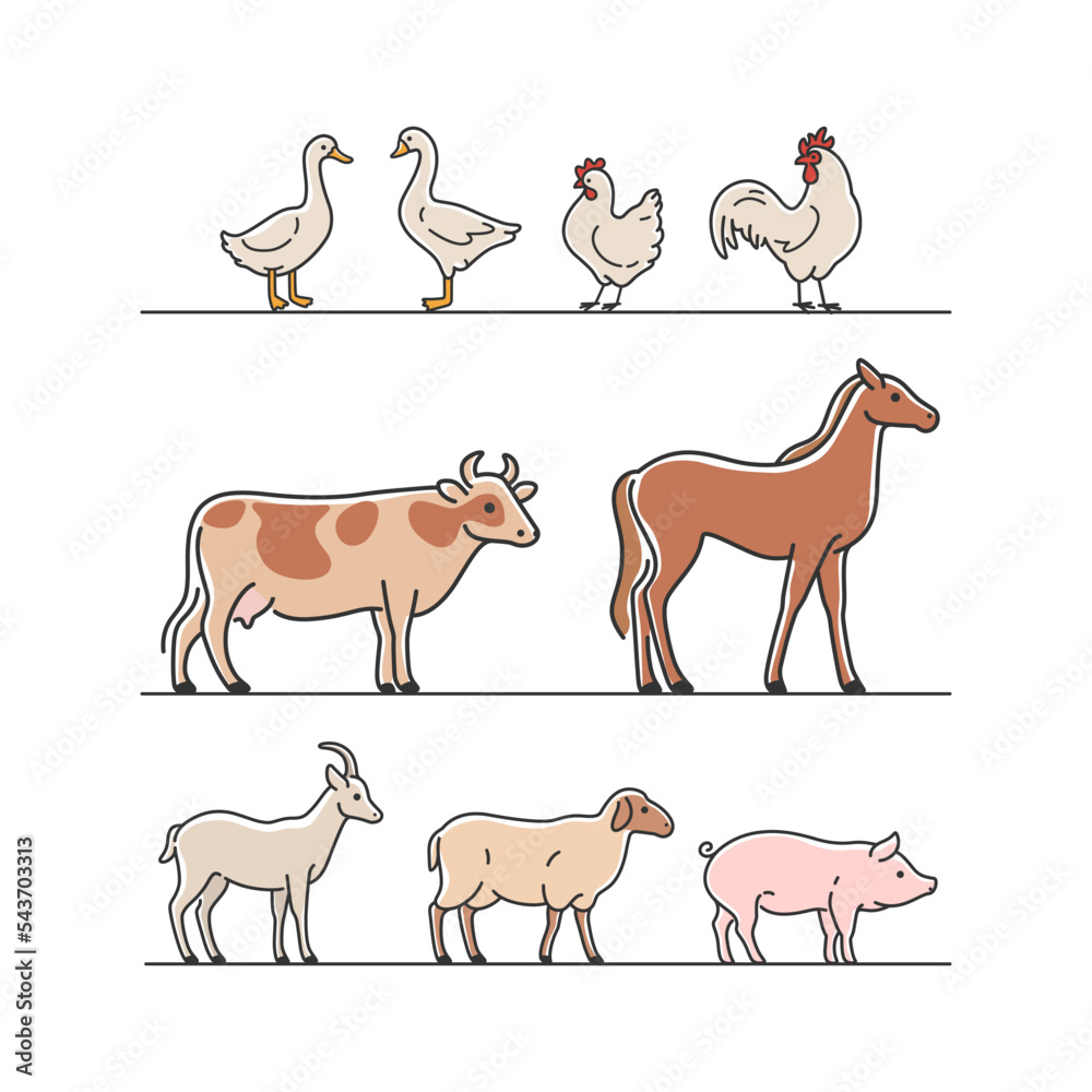 Cute animals icons set - horse, cow, goat, sheep, pig, duck, chick ...