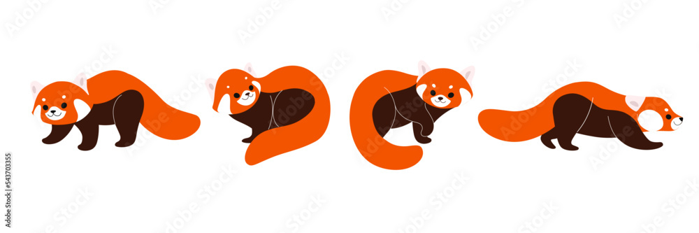 Cartoon red panda icon set. Cute animal character in different poses ...