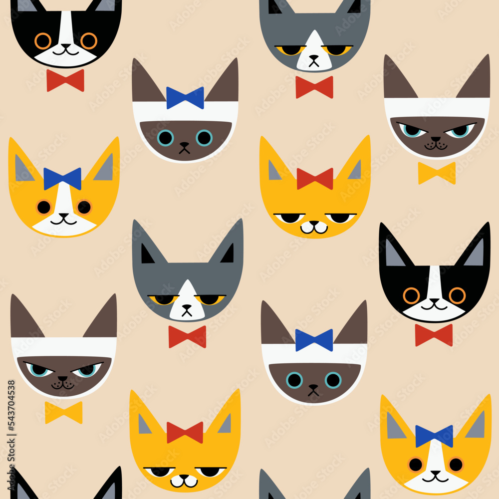 Simple trendy pattern with different cat head. Black cat, Siamese and ...