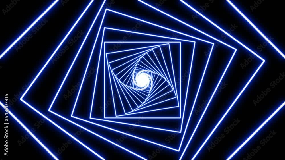 Abstract 3d glowing neon blue squares spiral background. Minimal motion ...