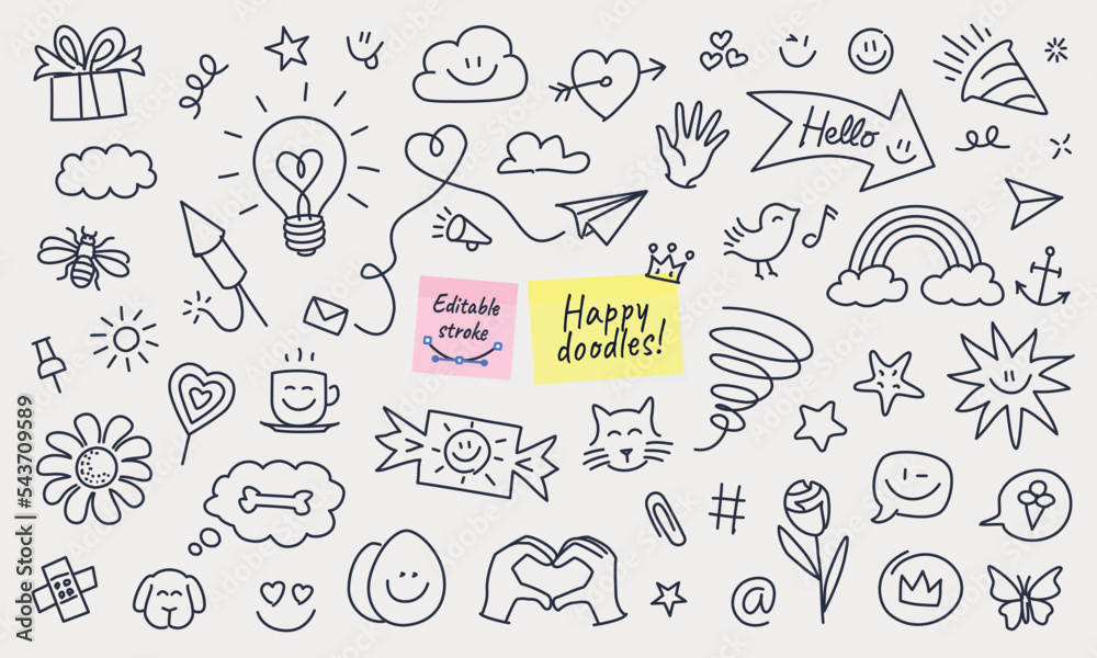 Happy doodles clip-art set with editable stroke. Vector illustrations ...