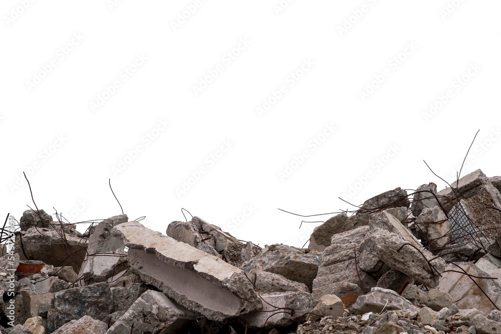Large concrete fragments of the remains of a building with protruding ...