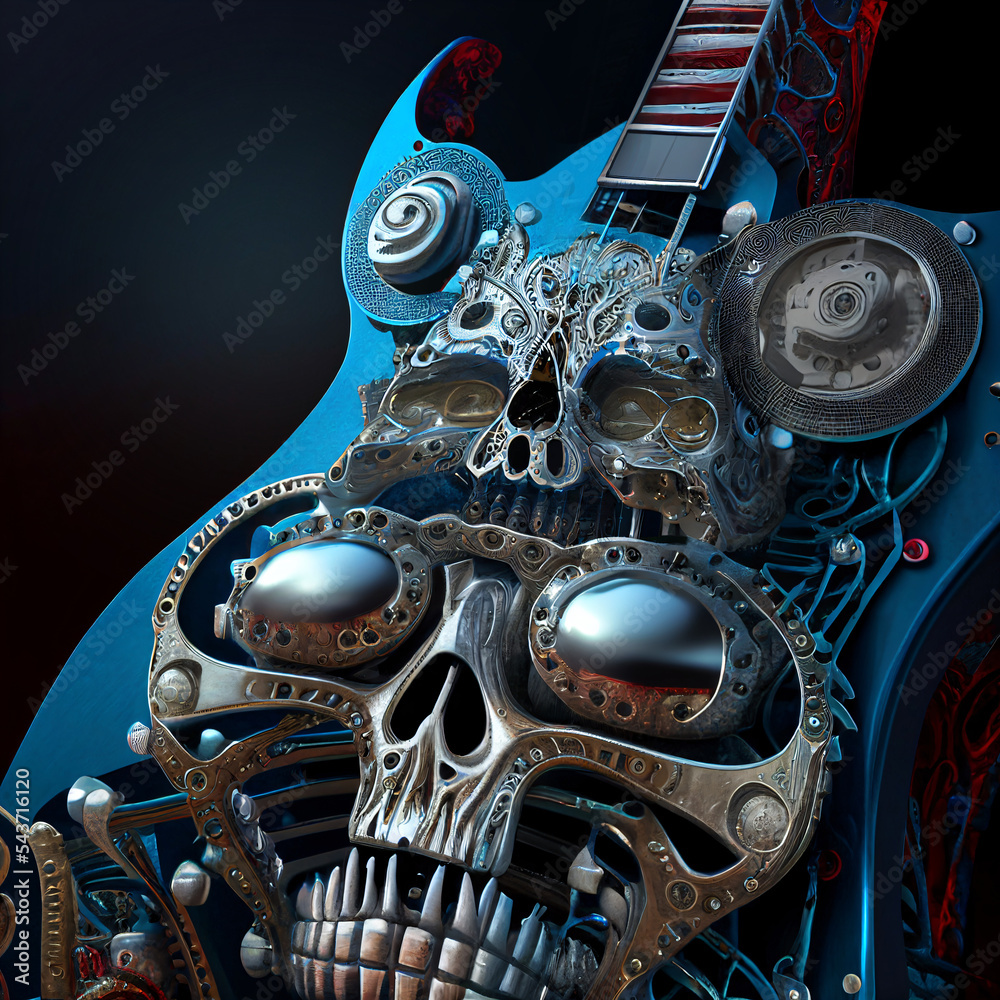 crazy steampunk electric guitar with skull design, surrealistic heavy ...