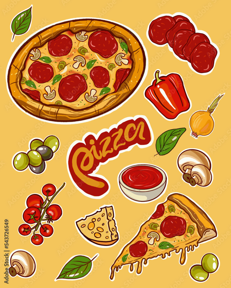 Vektorová grafika „Pizza recipe sticker set vector hand drawing, set of ...