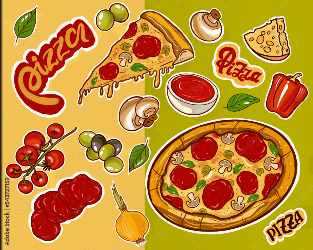 Pizza recipe sticker set vector hand drawing, set of stickers for ...