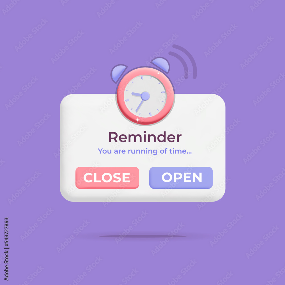 3d vector new reminder rectangle window push notification with alarm ...