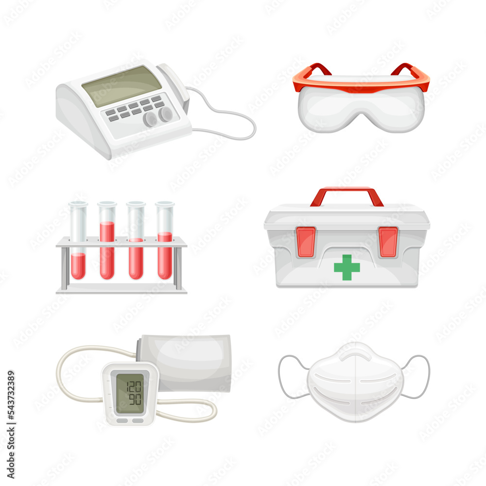 Medical laboratory equipment set. Ecg machine, test tubes with blood ...