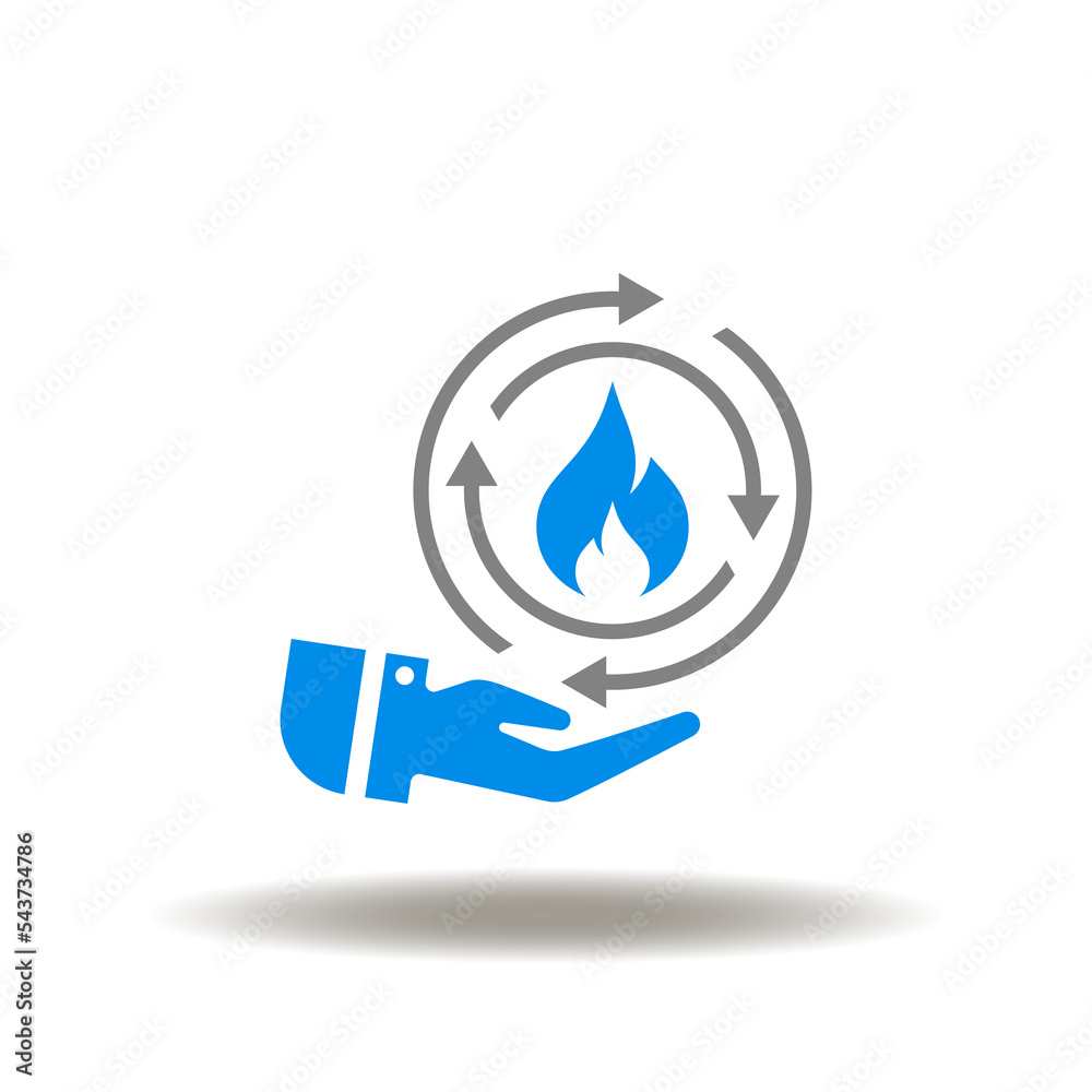 Vector illustration of hand holding round arrows and fire flame. Icon ...