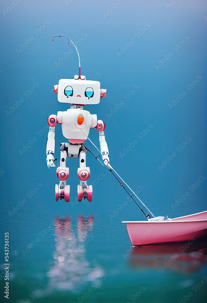 Sad robot trying to figure out fishing 3d illustration, robot in the ...
