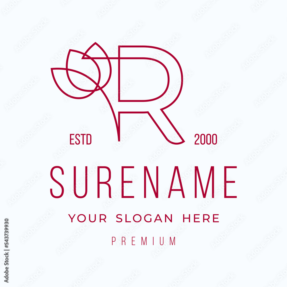 Nature Alphabet letter R flower typography logo design with line style ...