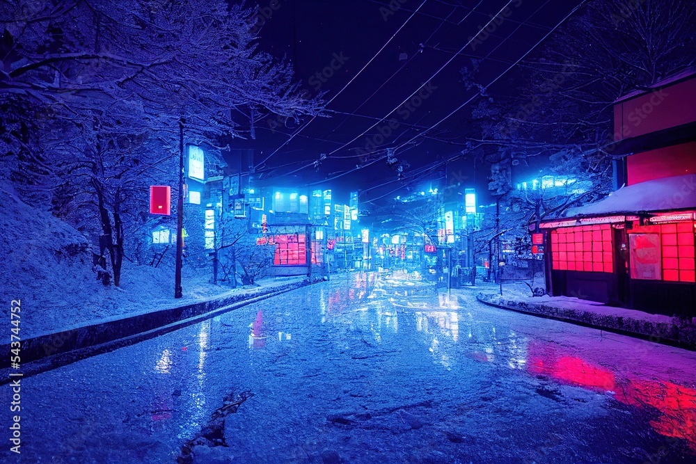 Snowy reflective tokyo streets at night with blue neon lights at winter ...