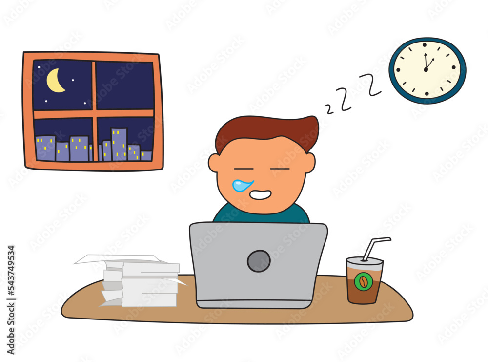 Kids drawing vector Illustration of sleepy office worker working ...