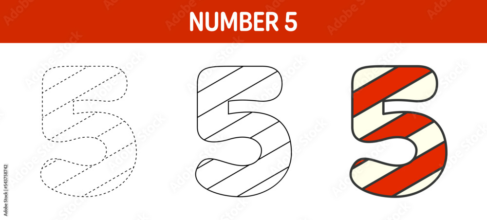 Number 5 Candy Cane, tracing and coloring worksheet for kids Stock ...