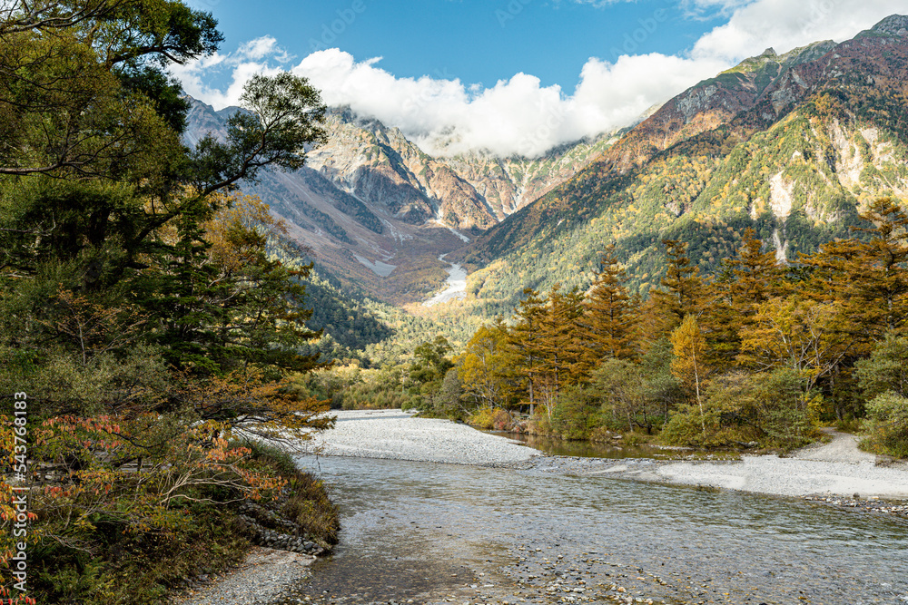 Beautiful background of the center of Kamikochi national park by snow ...