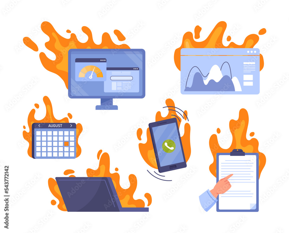 Set of deadlines. Collection of gadgets and devices on fire. Poor time ...