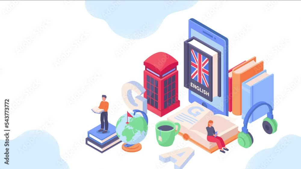 Learning English language video concept. Moving guy and girl students ...