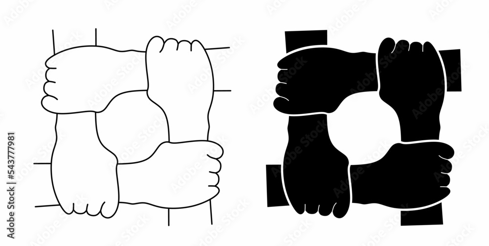 outline silhouette Four hands hold together icon set isolated on white ... outline silhouette Four hands hold together icon set isolated on white ...