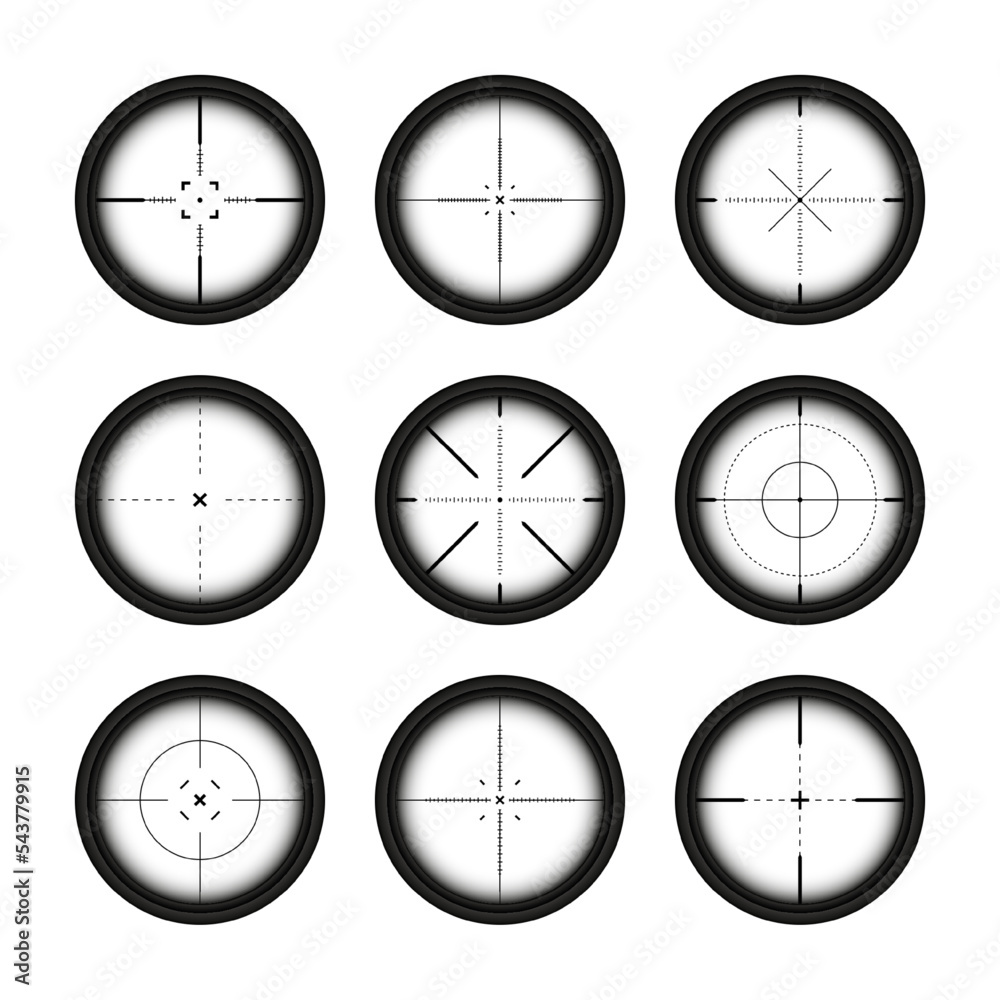 Various weapon sights, sniper rifle optical scopes. Hunting gun ...