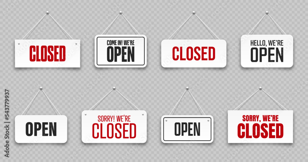 Realistic open or closed hanging signboards. Vintage door sign for cafe ...
