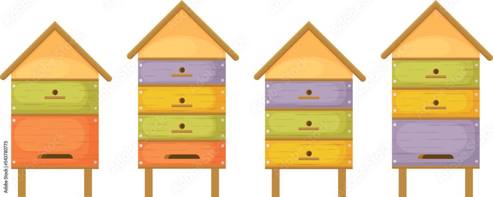Hive. Beehives. Four wooden beehives in the form of houses. Colorful ...