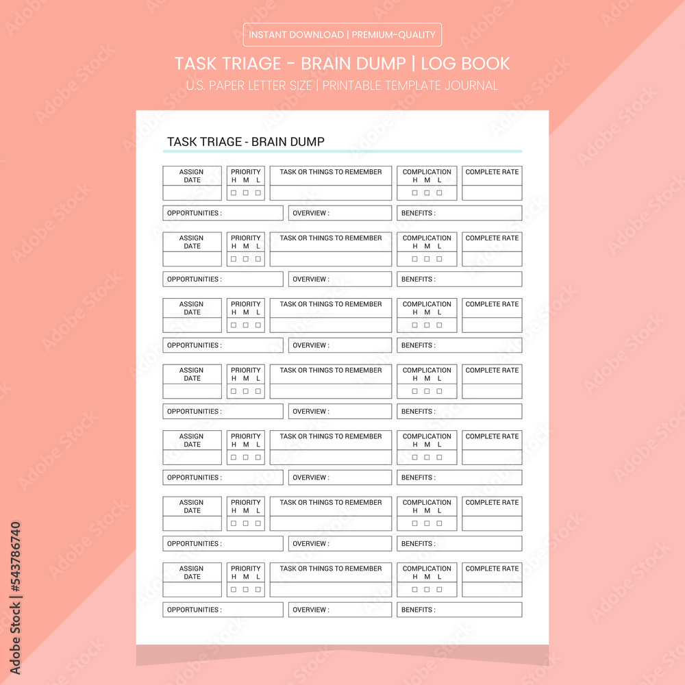 Task Triage Brain Dump Diary | Brain Dump Archives Notebook Printable Template Stock Vector ...
