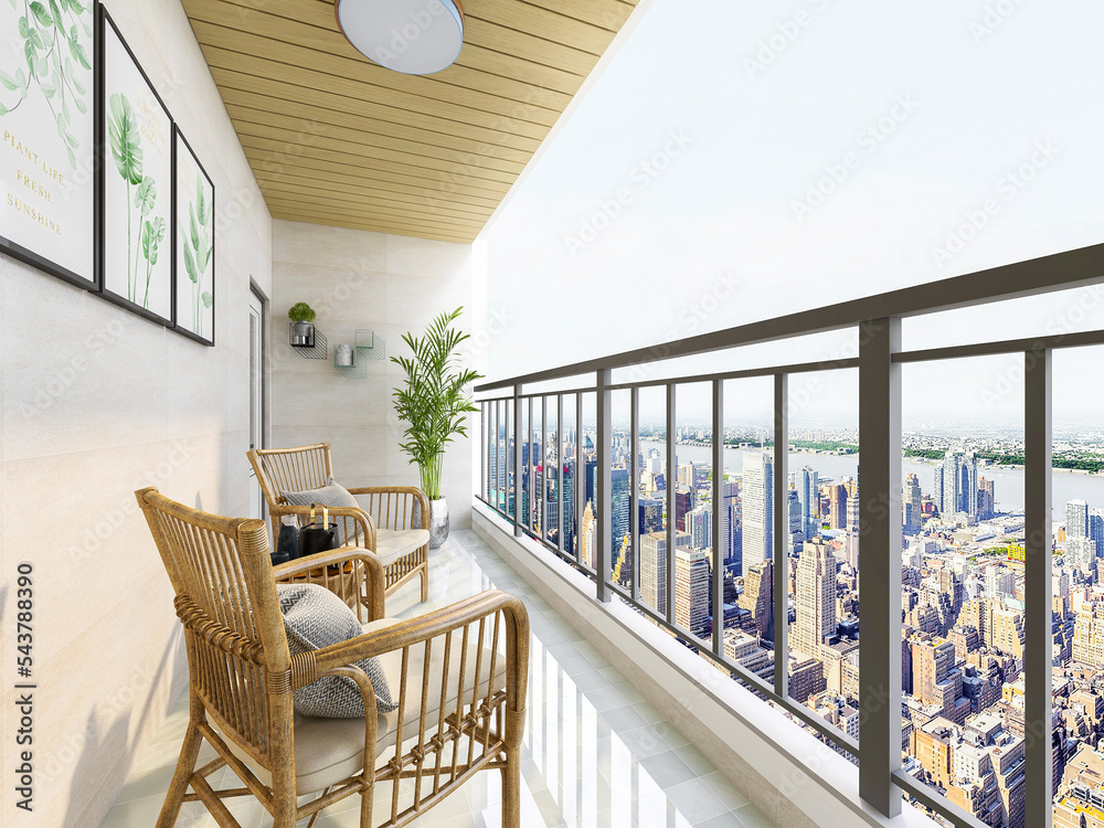 Spacious, bright and clean open balcony design of modern residence with ...