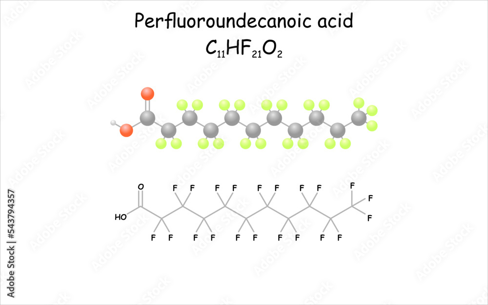 Stylized molecule model/structural formula of perfluoroundecanoic acid ...
