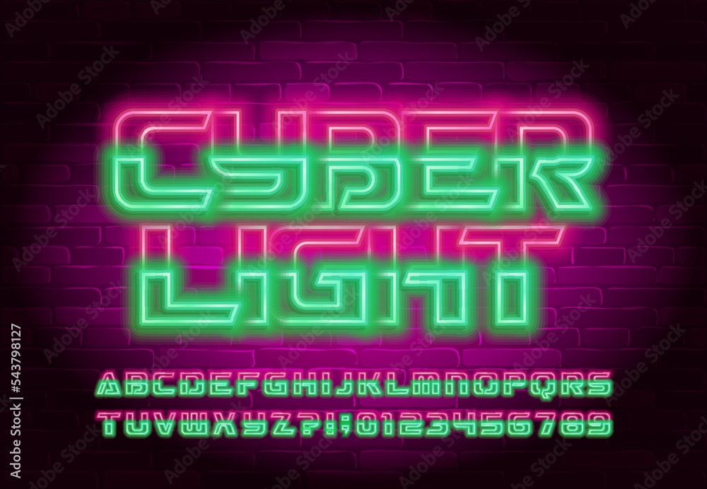 Cyber Light alphabet font. Two color neon letters and numbers. Stock ...