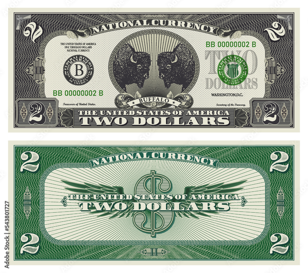Vector obverse and reverse of a 2 dollars banknote with wings. Game US ...