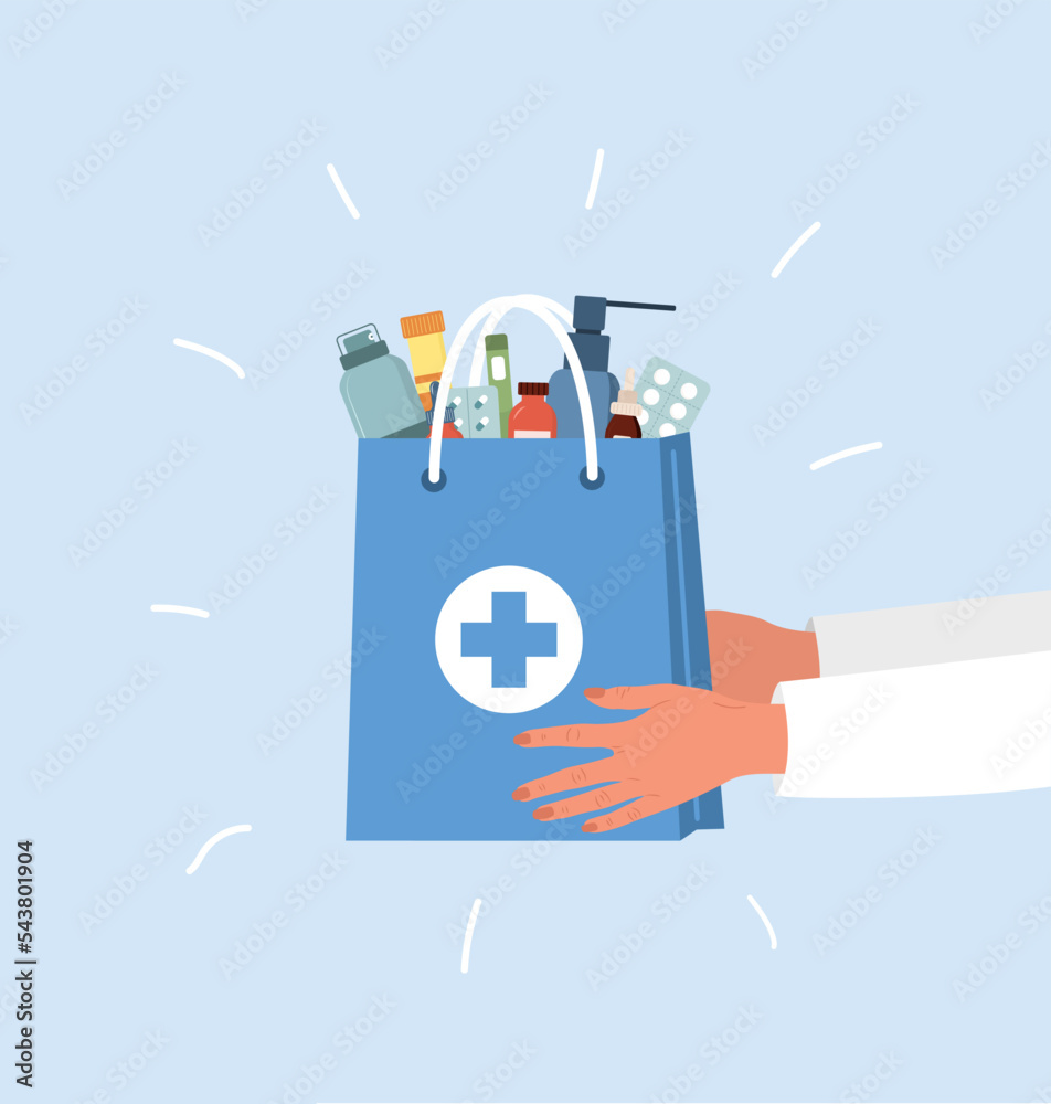 Delivery pharmacy service. Human hand holding paper bag with drugs and ...