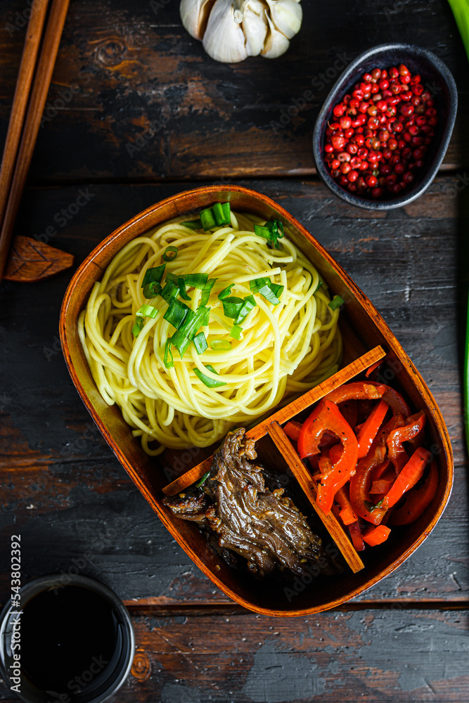 Homemade Bento pack lunch, grilled beef and noodles with ingredients ...