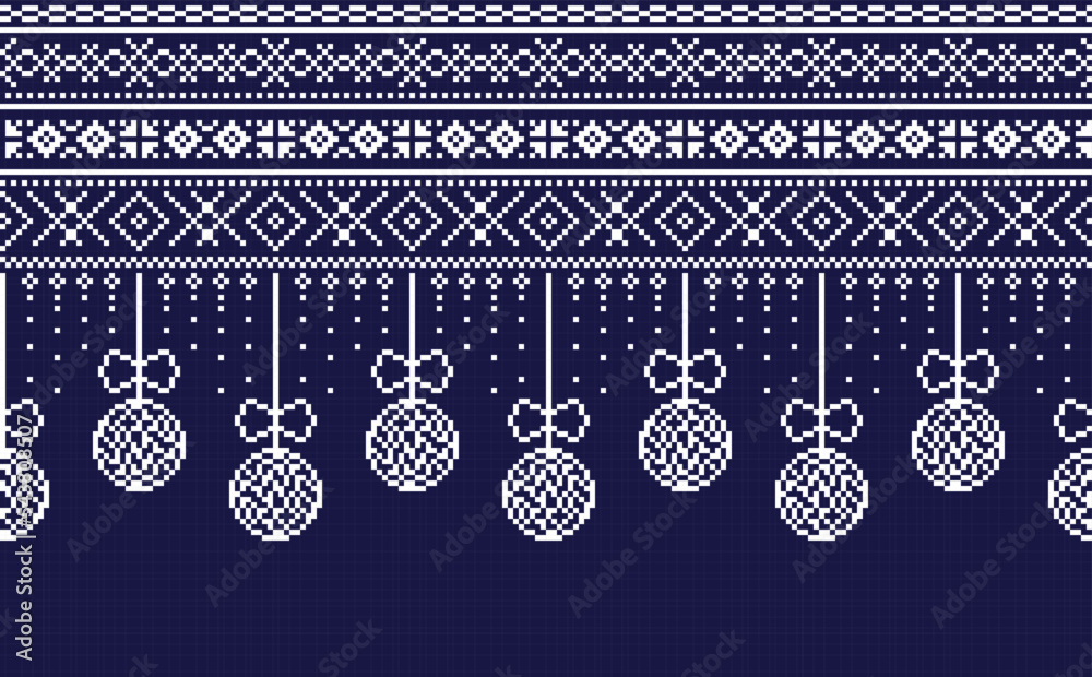 Seamless pixel pattern garland of christmas tree balls and decorations ...