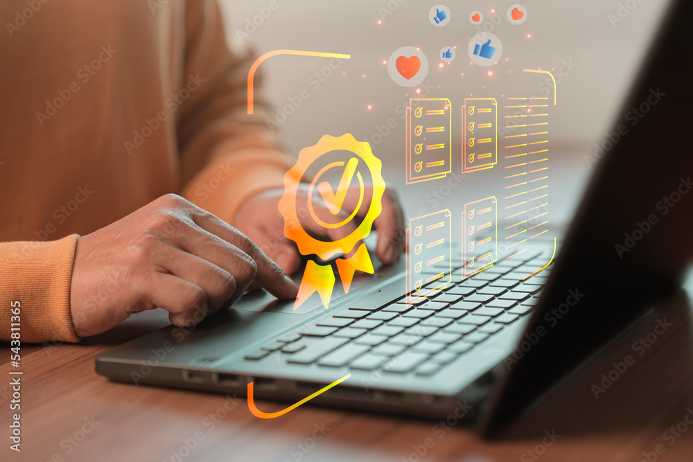 Businessman working with sign of the top service quality assurance on ...