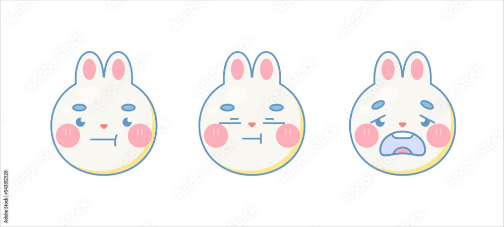 Sad and tired cute rabbit emoji faces set. Isolated on white background ...