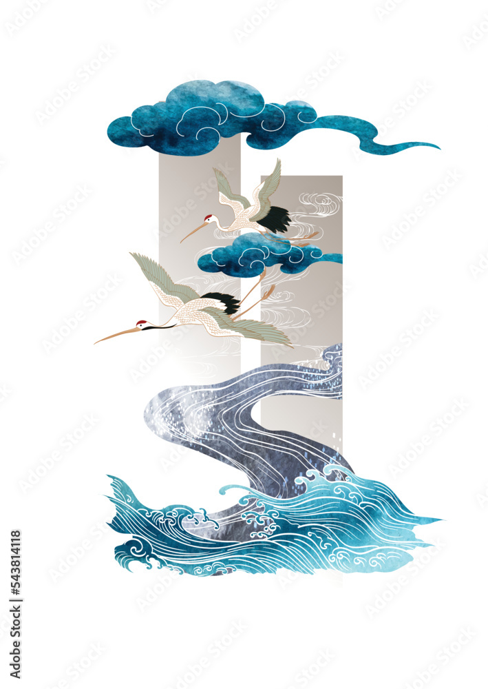 Japanese background with wave and Chinese cloud vector. Hand drawn line ...