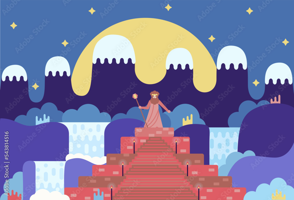 Statue of an ancient god at the top of the pyramid, vector cartoon ...