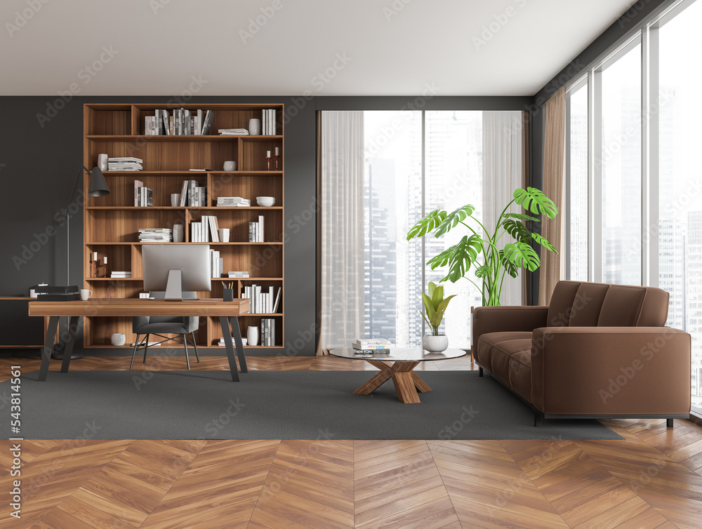 Grey business interior with work and chill zone, shelf and panoramic ...