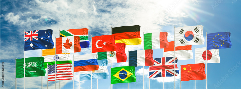 G20 summit or meeting concept. A string of G20 flags and a list of ...
