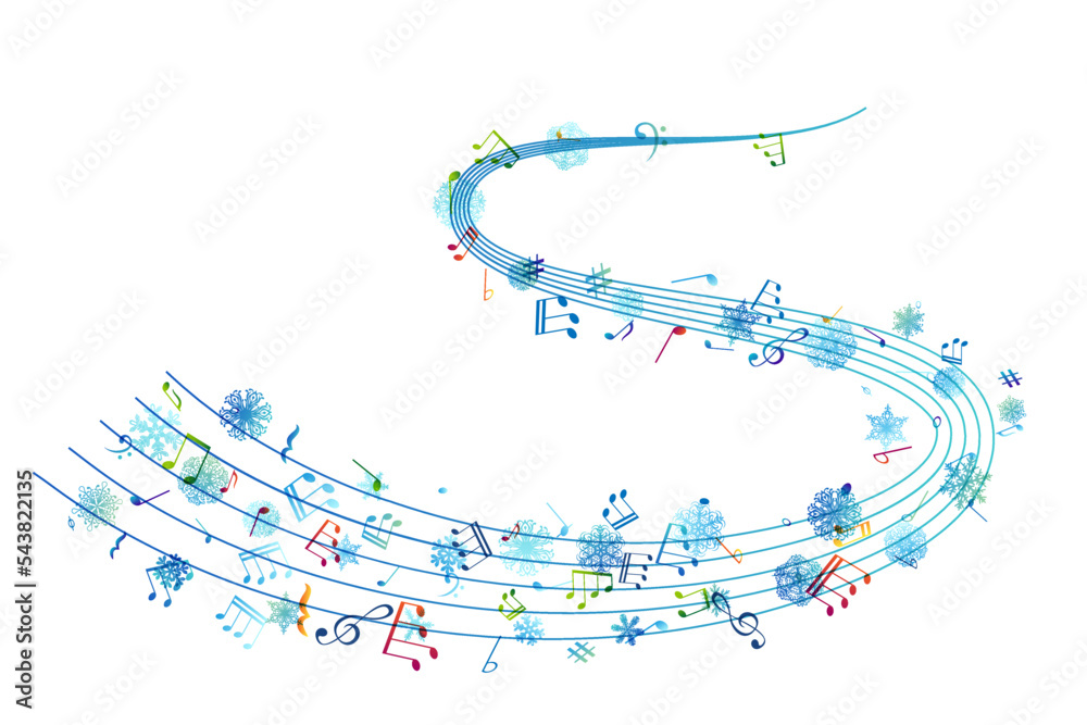 Snow melody. Winter decoration element from flying music notes and ...