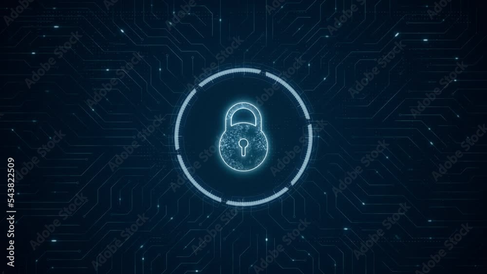 Motion graphic of Blue digital security key logo and futuristic technology circle HUD with ...