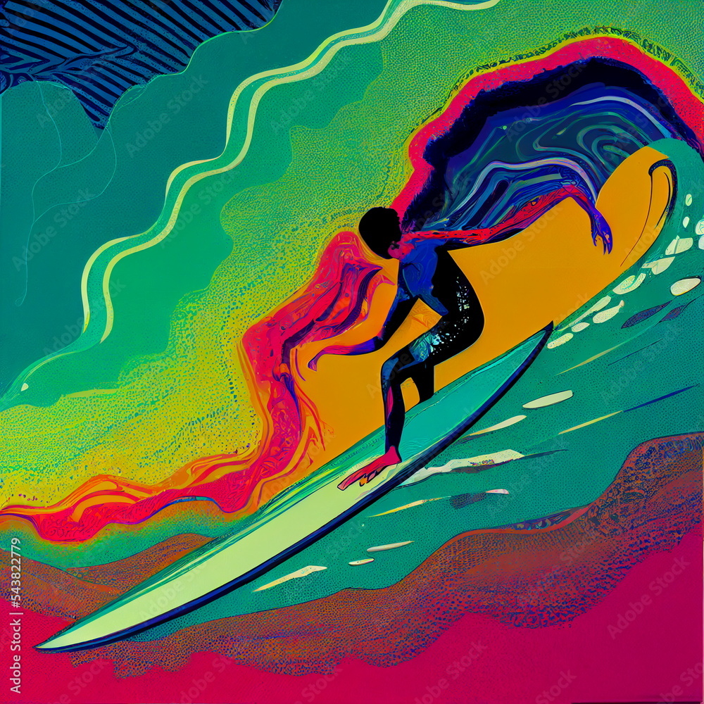 Different bright colors surfer surfing Motov. Marbled Effect. Hand ...