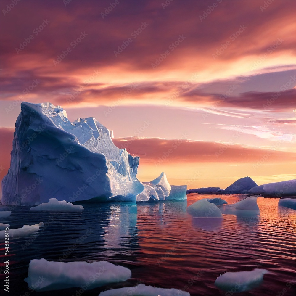 arctic landscape with icebergs, greenland and antarctica ice, melting ice caps, polar sea with ...