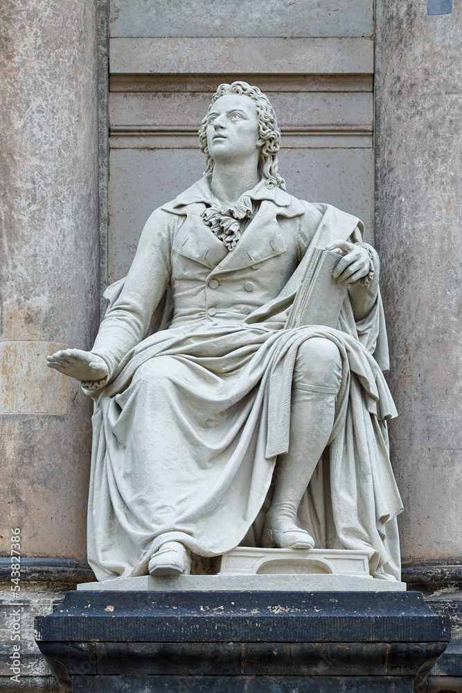 Dresden, Germany. Statue of Friedrich von Schiller at the front facade ...