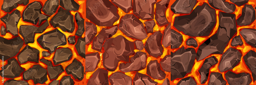 Lava, magma with stones in cartoon style seamless pattern background ...