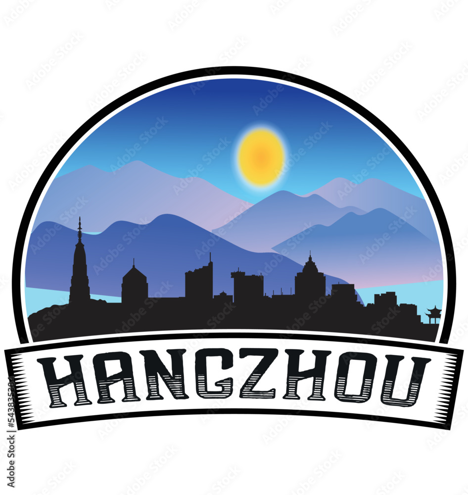 Hangzhou China Skyline Sunset Travel Souvenir Sticker Logo Badge Stamp ...