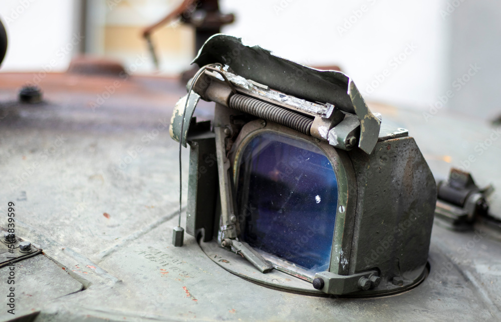 Detail of an old Russian tank, destroyed viewfinder. Destroyed tank ...